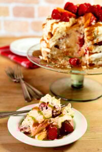 Peach Melba Pavlova with Bourbon Caramel Sauce - Creative Culinary
